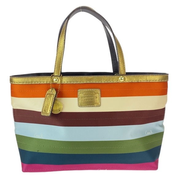 Coach | Bags | Coach Coach Multicolor Satin Leather Tote Handbag Canvas ...
